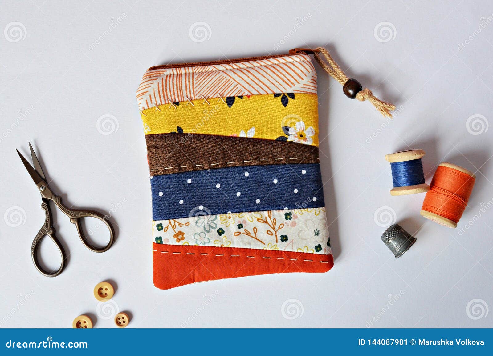 Patchwork Zipper Pouch with Hand Stitches, Vintage Thread, Scissors ...