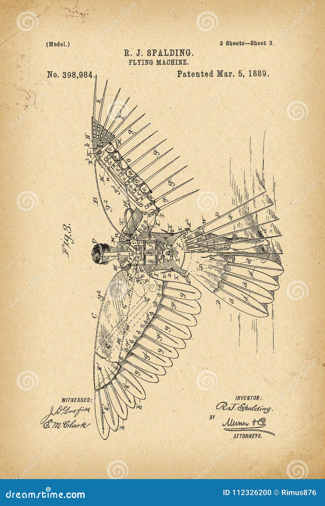 1889 Patent Flying Machine History Invention Stock Illustration ...