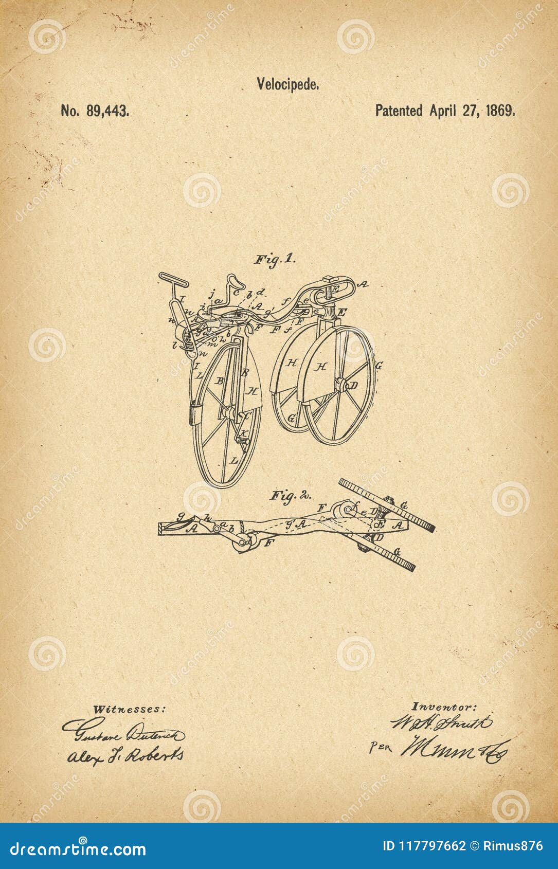 1869 Patent Velocipede Bicycle History Invention Stock Illustration ...