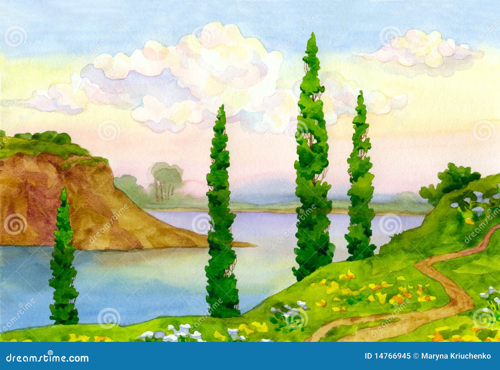 The path along the river stock illustration. Illustration of flowers ...