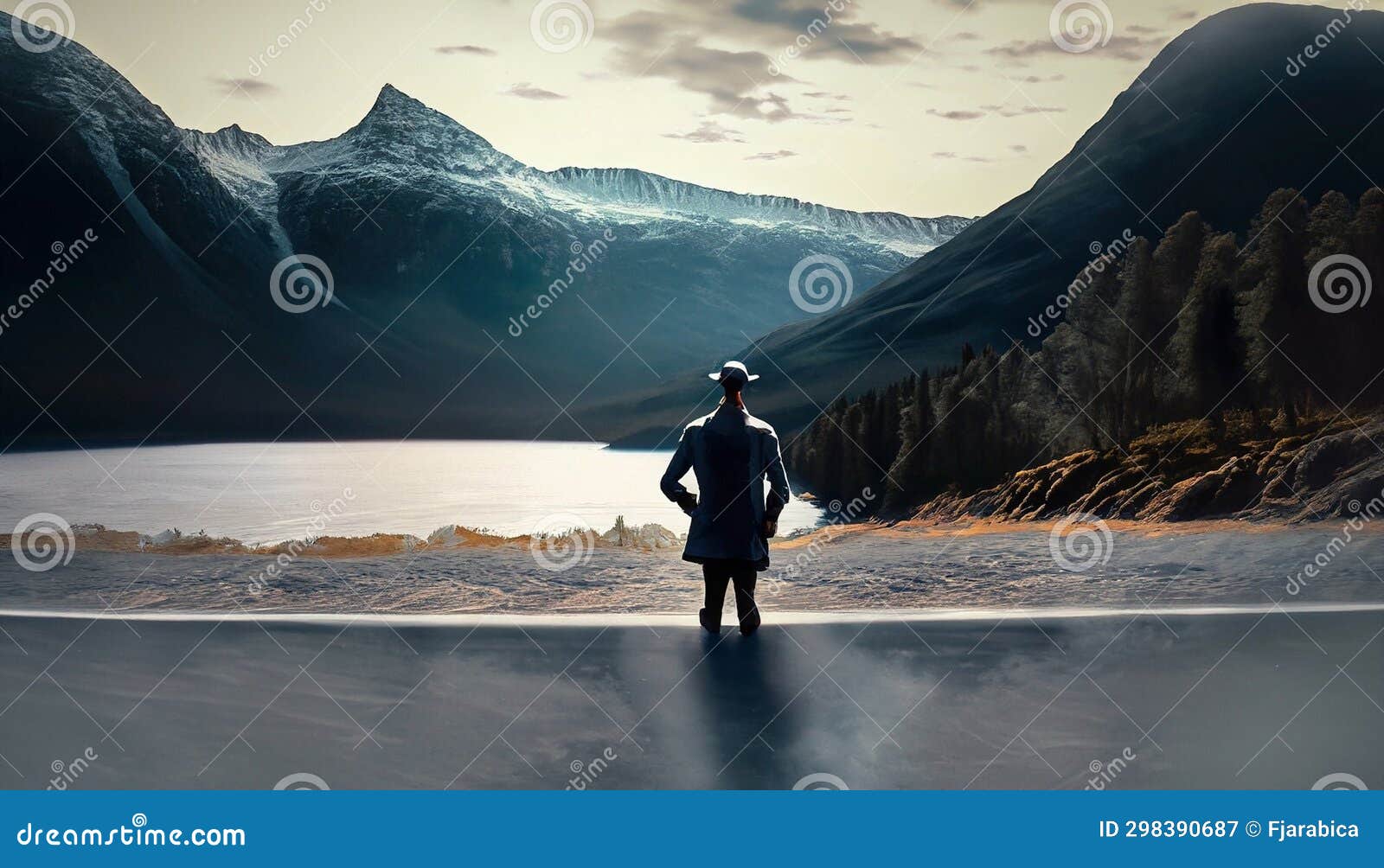 A Path Around a Lake with Snow-capped Mountains Stock Illustration ...