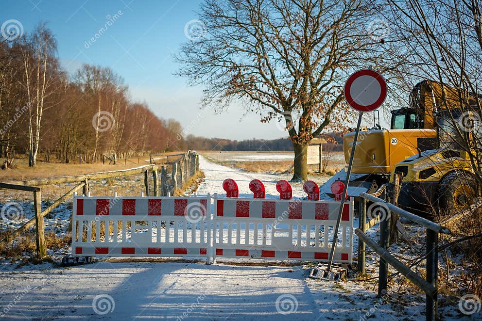 A Path is Blocked by a Barrier and a Traffic Sign Stock Image - Image ...