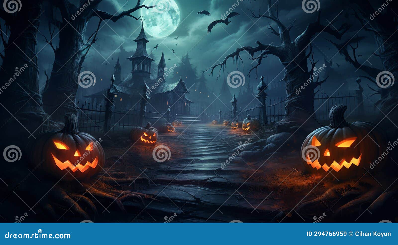 Path of Carved Pumpkins Leading To a Spooky Old House Stock ...