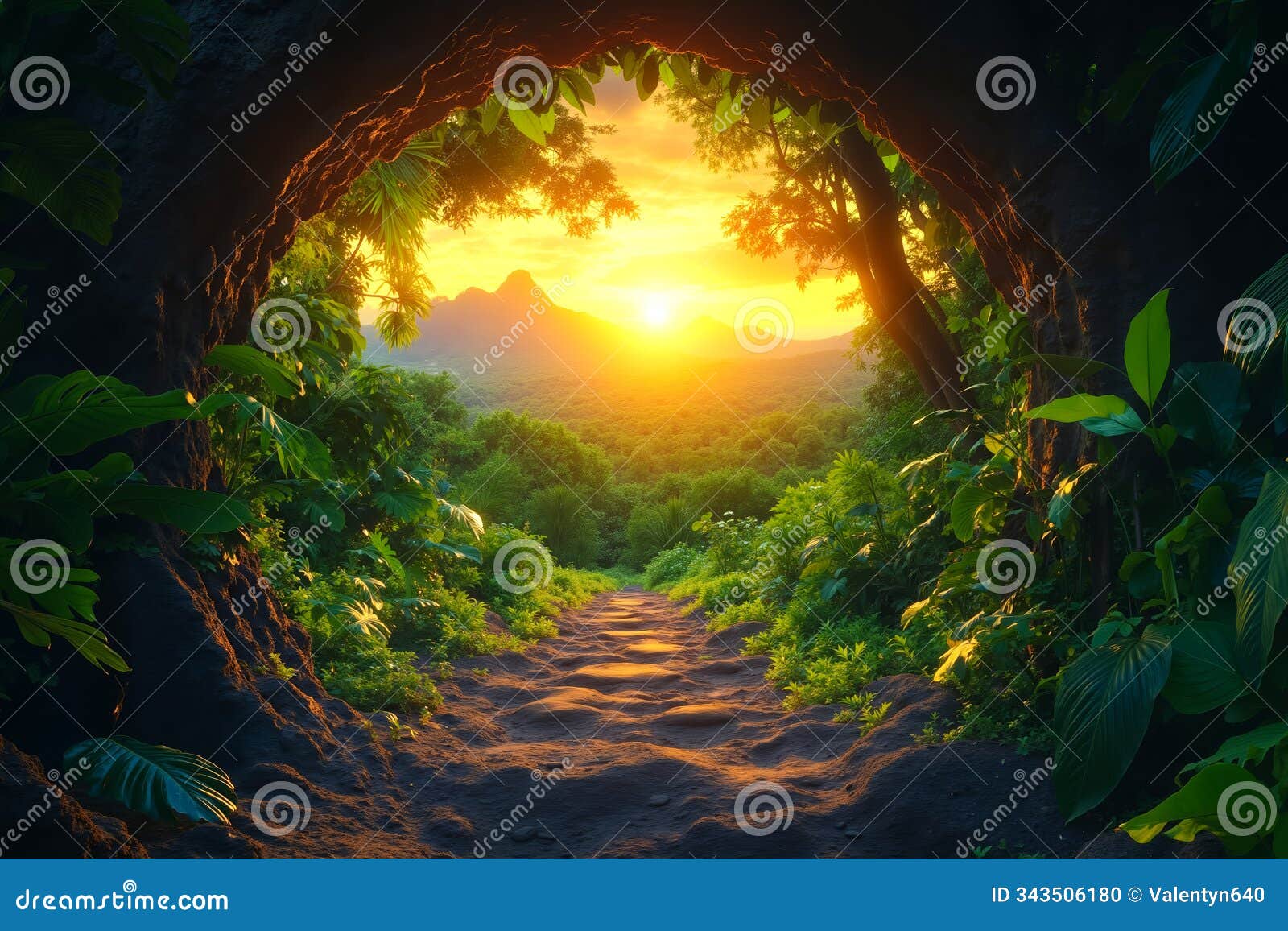 A Path through a Cave in the Middle of a Lush Green Forest Stock Photo ...