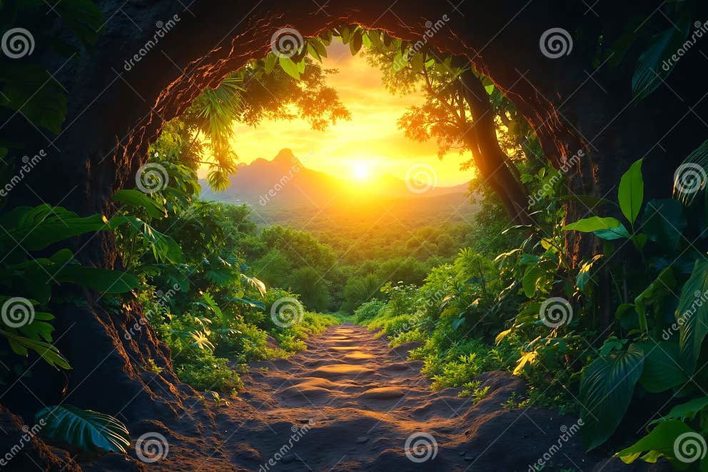 A Path through a Cave in the Middle of a Lush Green Forest Stock Photo ...