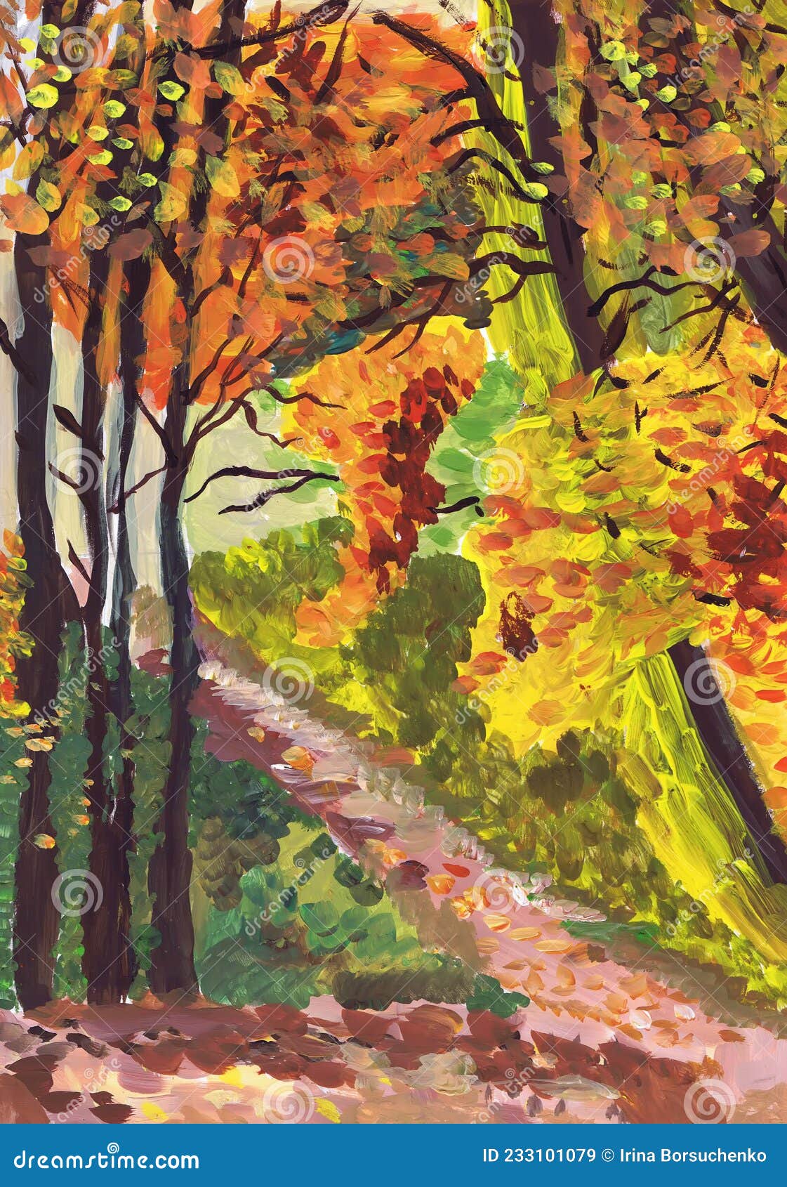 The Path Climbs Uphill in the Autumn Forest. Children`s Drawing Stock ...