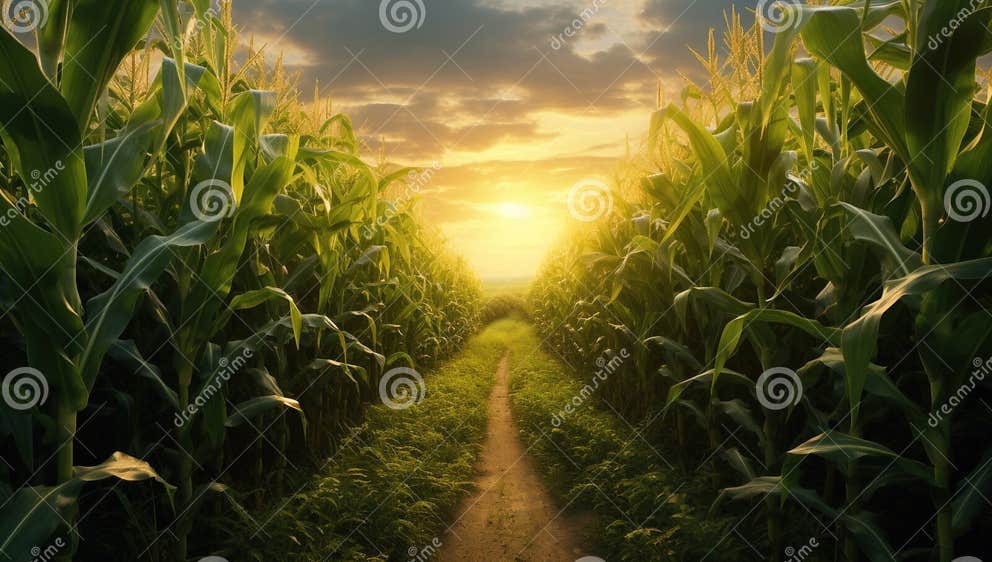 A Path in a Corn Field that Leads To Sunset Stock Photo - Image of ...