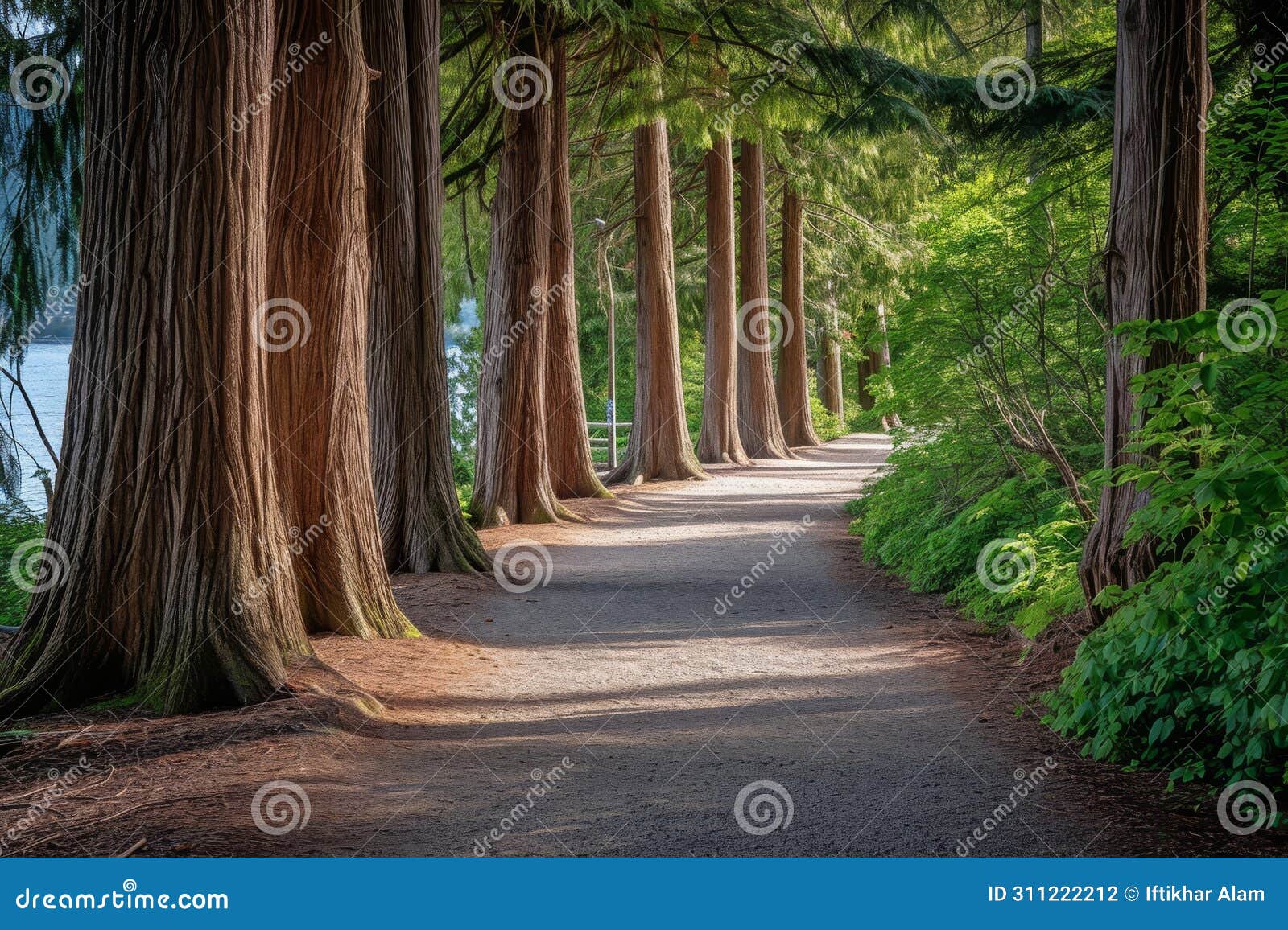 A Path Cuts through a Dense Forest, Bordered by Towering Trees Creating ...