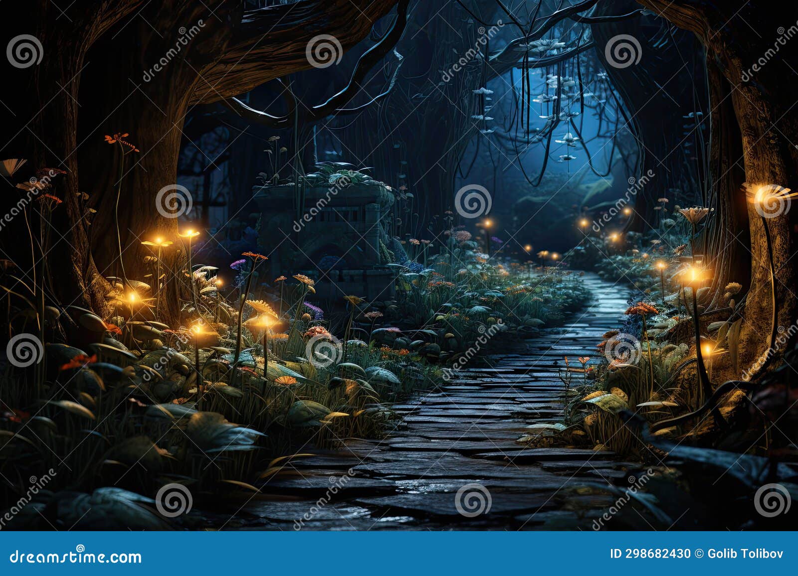 A Path through a Dark Forest with Fairy Lights Stock Illustration ...