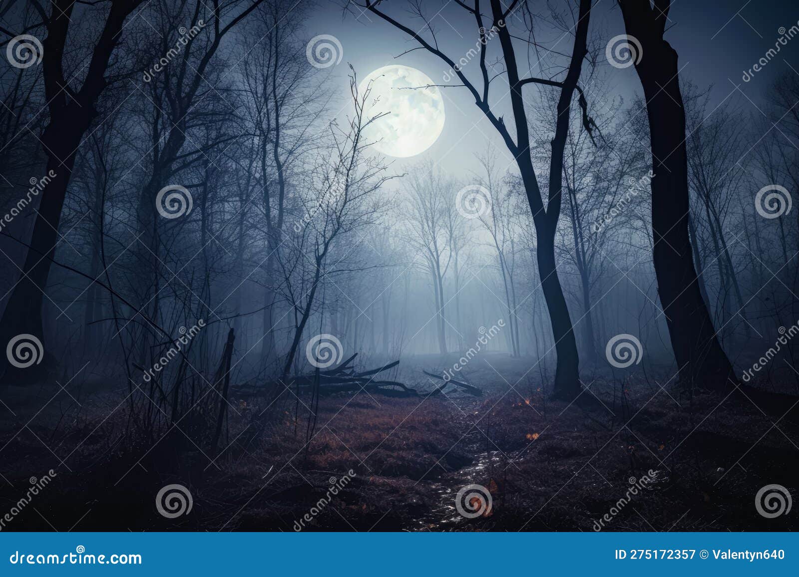 Path through Dark Forest with Full Moon in the Night Sky. Generative AI ...