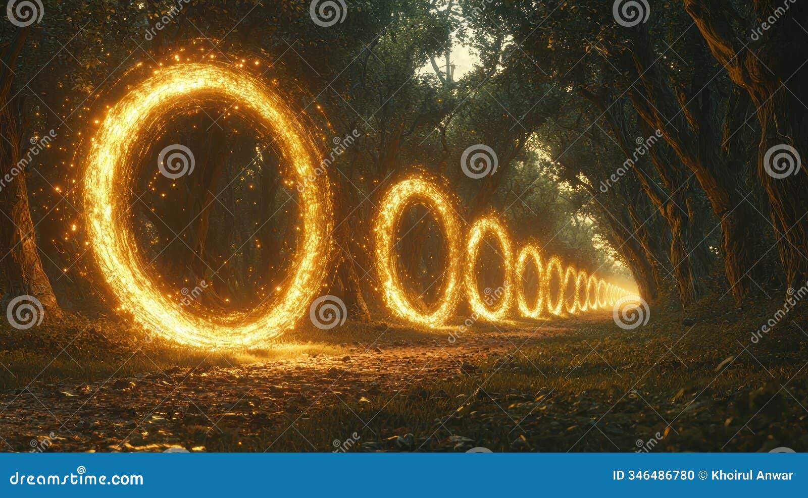 A Path through a Dark Forest with Glowing Rings of Fire Stock ...