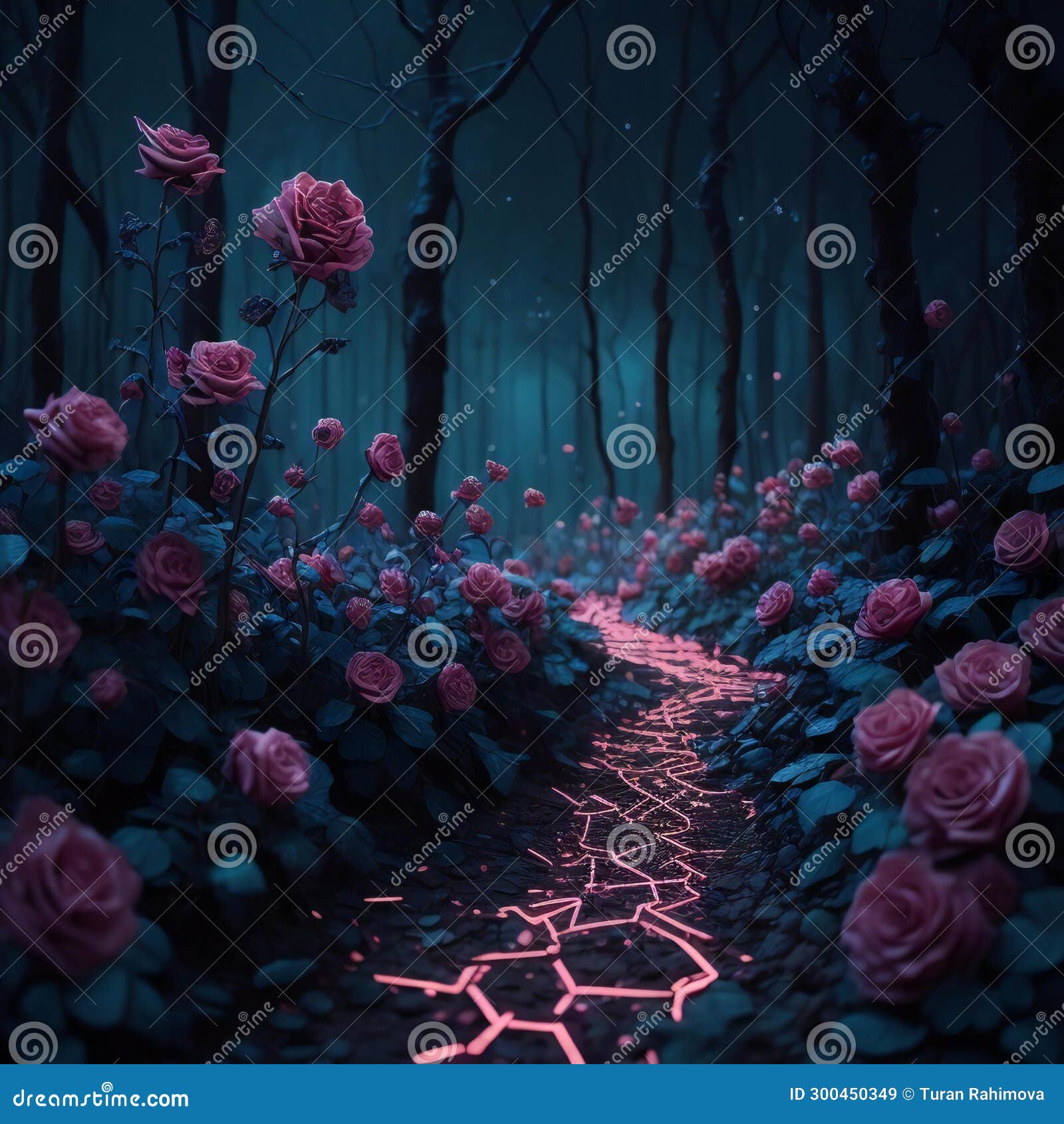 A Path in a Dark Forest with Pink Roses. Generative Ai Stock ...