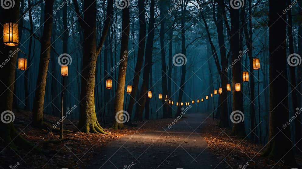 A Path in a Dimly Lit Forest, Illuminated by Lanterns, Creating a ...