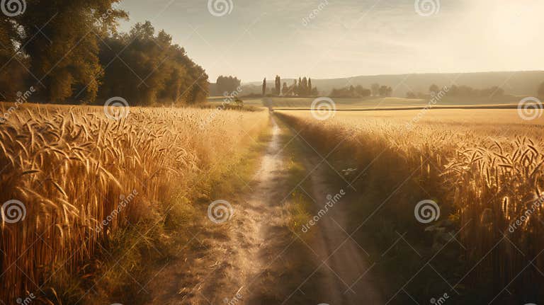 A Path Down a Field of Wheet Stock Illustration - Illustration of leaf ...