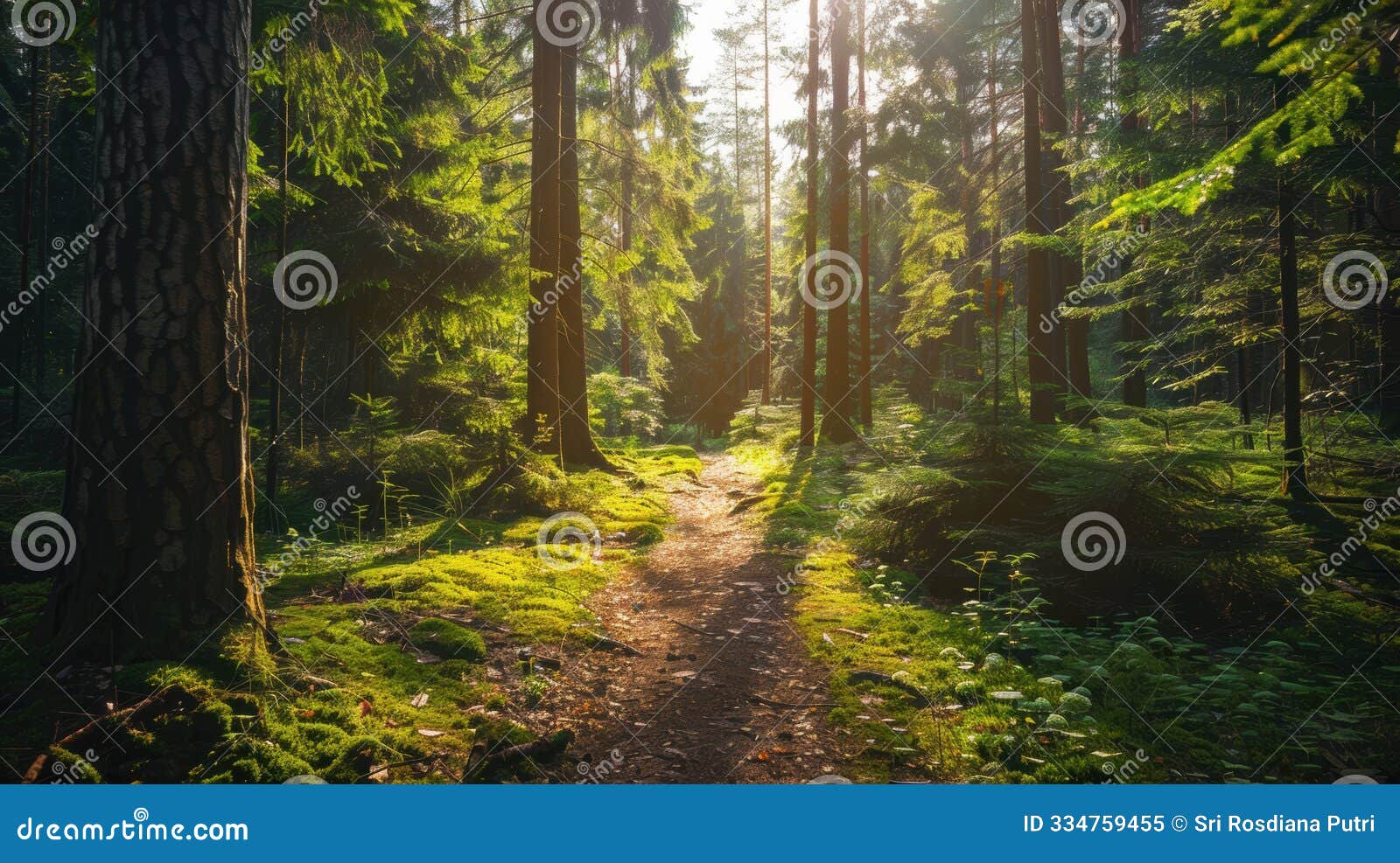 Path through the Evergreen Forest at Sunset. Beautiful Summer Landscape ...