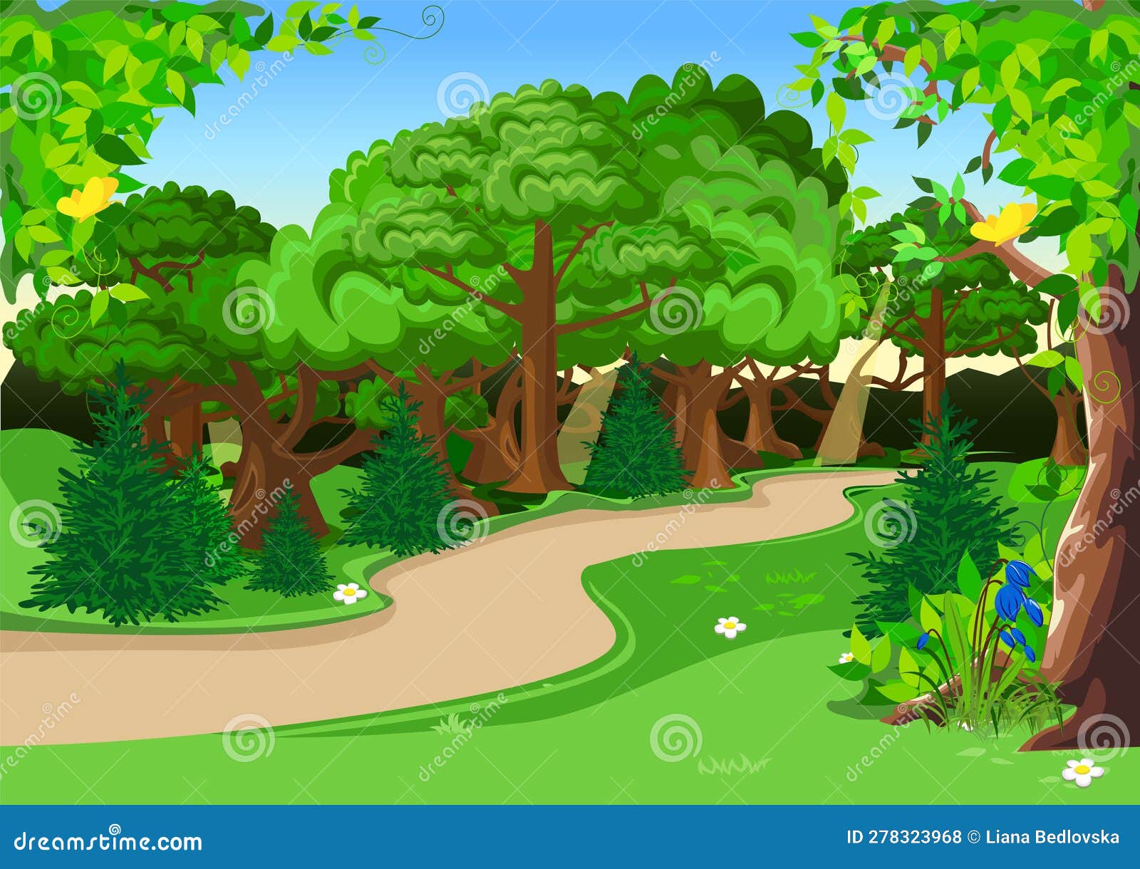 Path through a Fairy Tale Forest with Big Old Trees and a Flowering ...