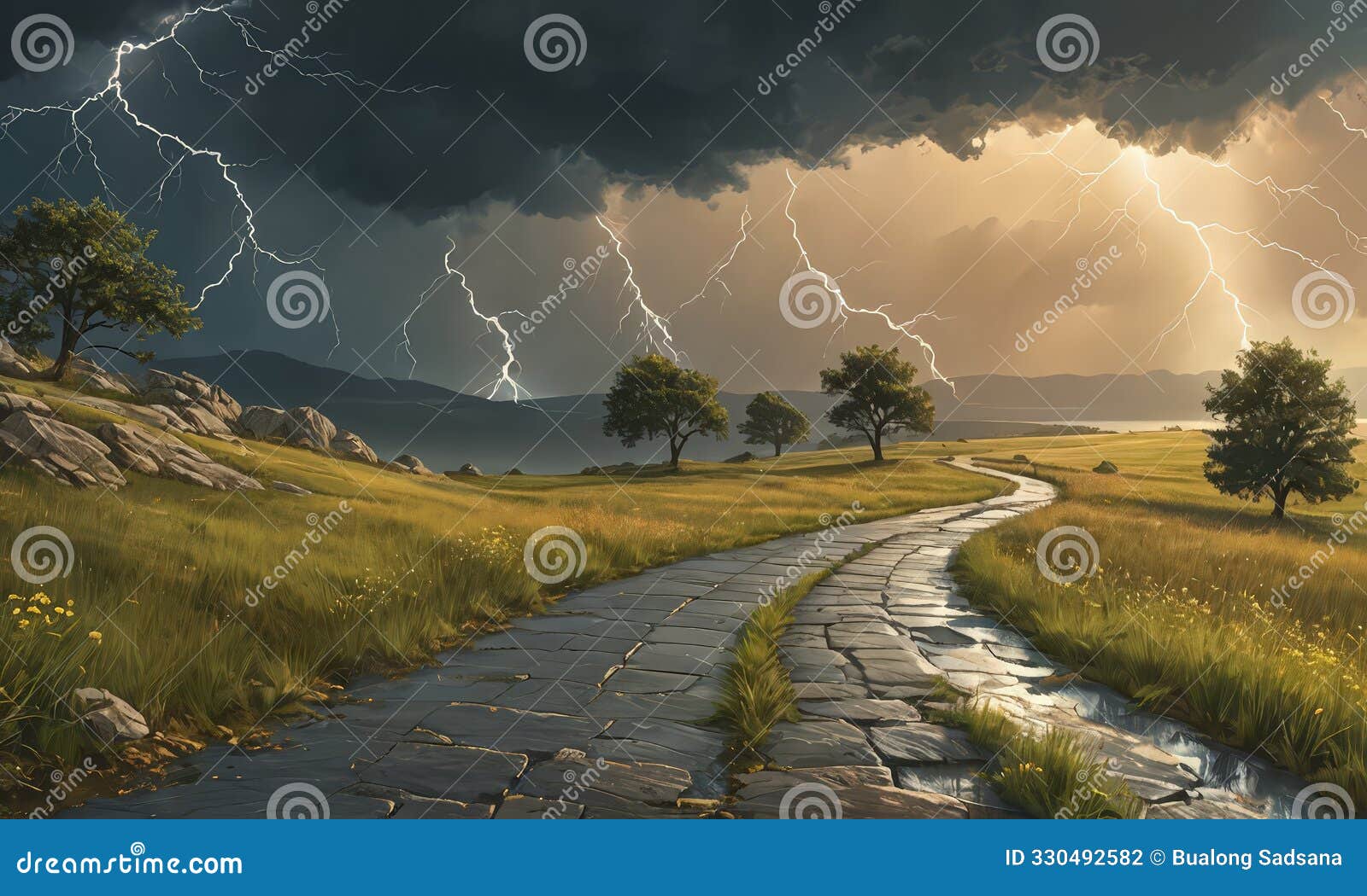 Path through Field with Tree and Lightning Stock Illustration ...