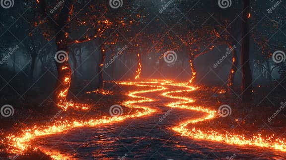 Path of Fire through a Dark, Mysterious Forest. a Concept of Danger ...