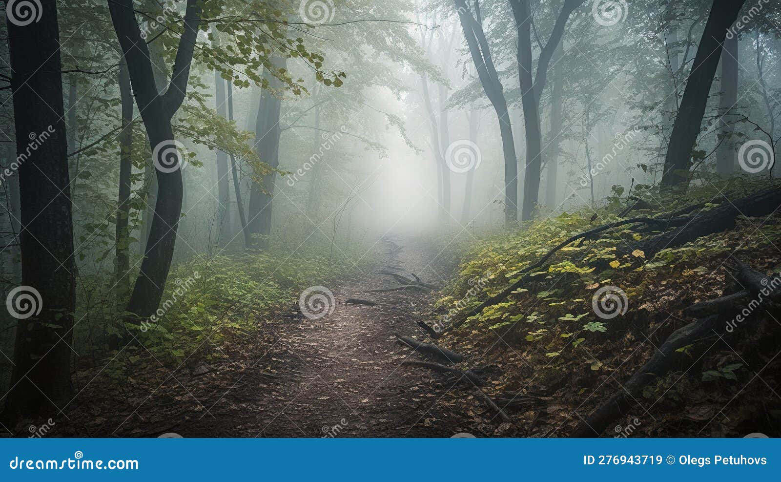 A Path in a Forest with Fog and Trees on Both Sides Stock Illustration ...