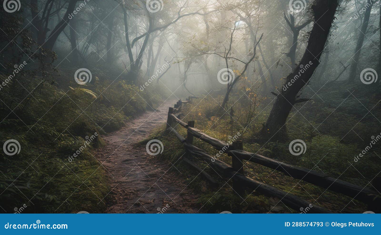 A Path in a Forest with Fog and Trees on Both Sides Stock Illustration ...