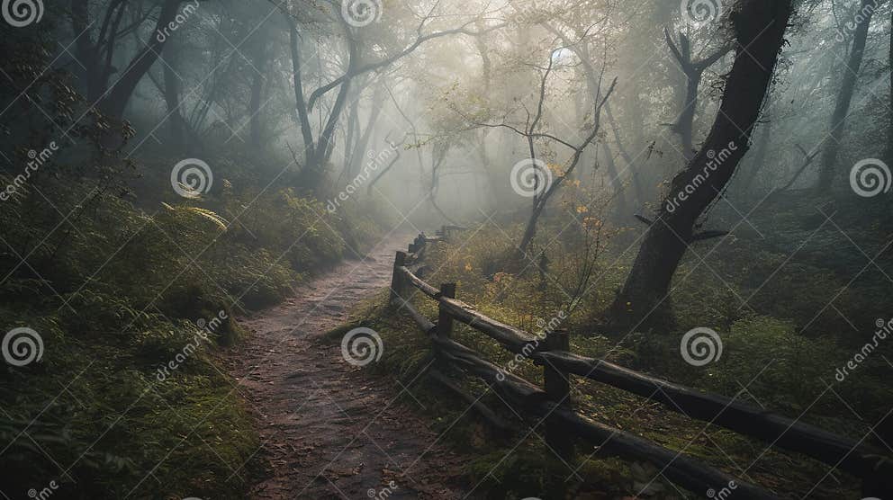A Path in a Forest with Fog and Trees on Both Sides Stock Image - Image ...