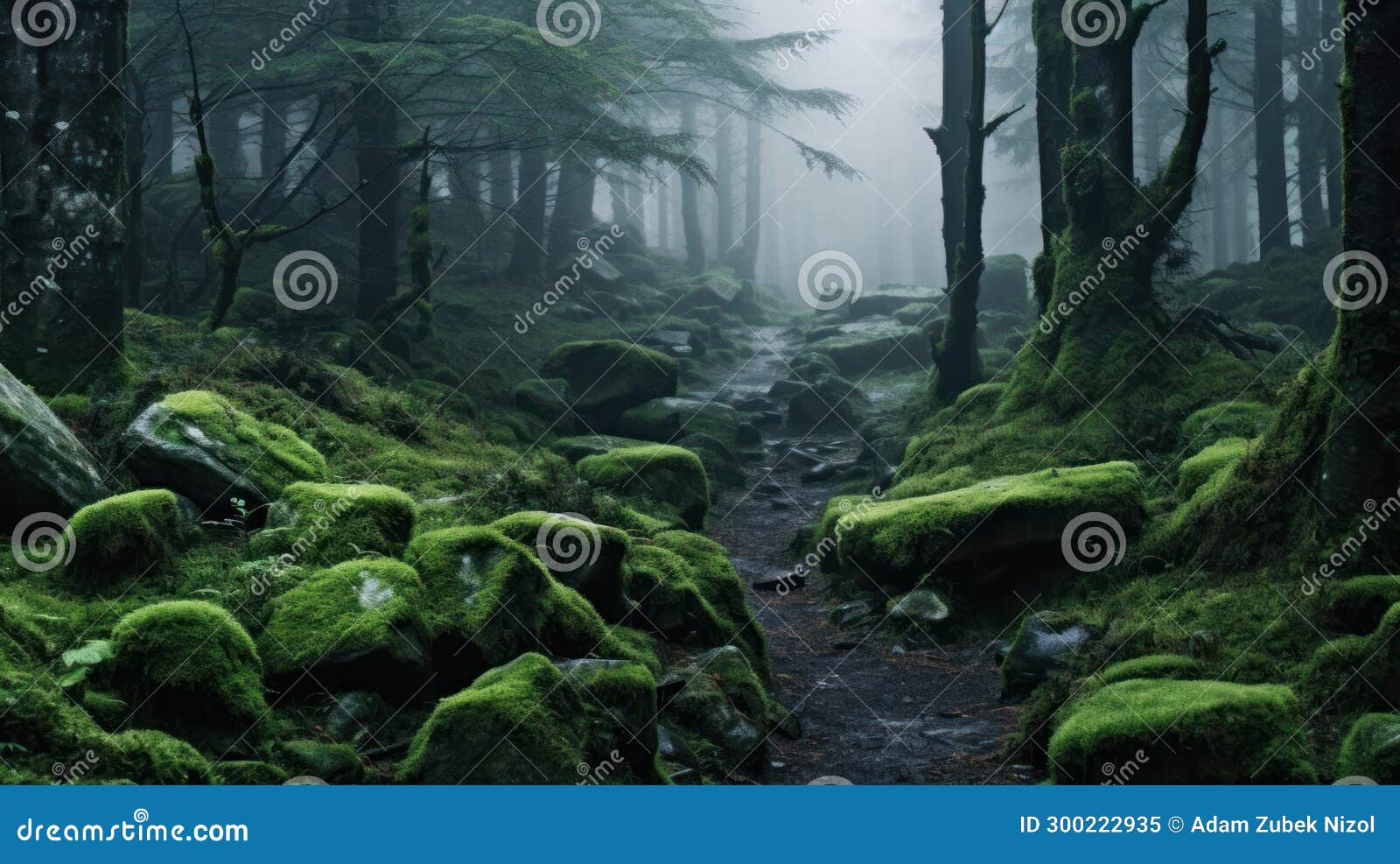 A Path through a Forest with Moss Covered Rocks and Trees Stock ...