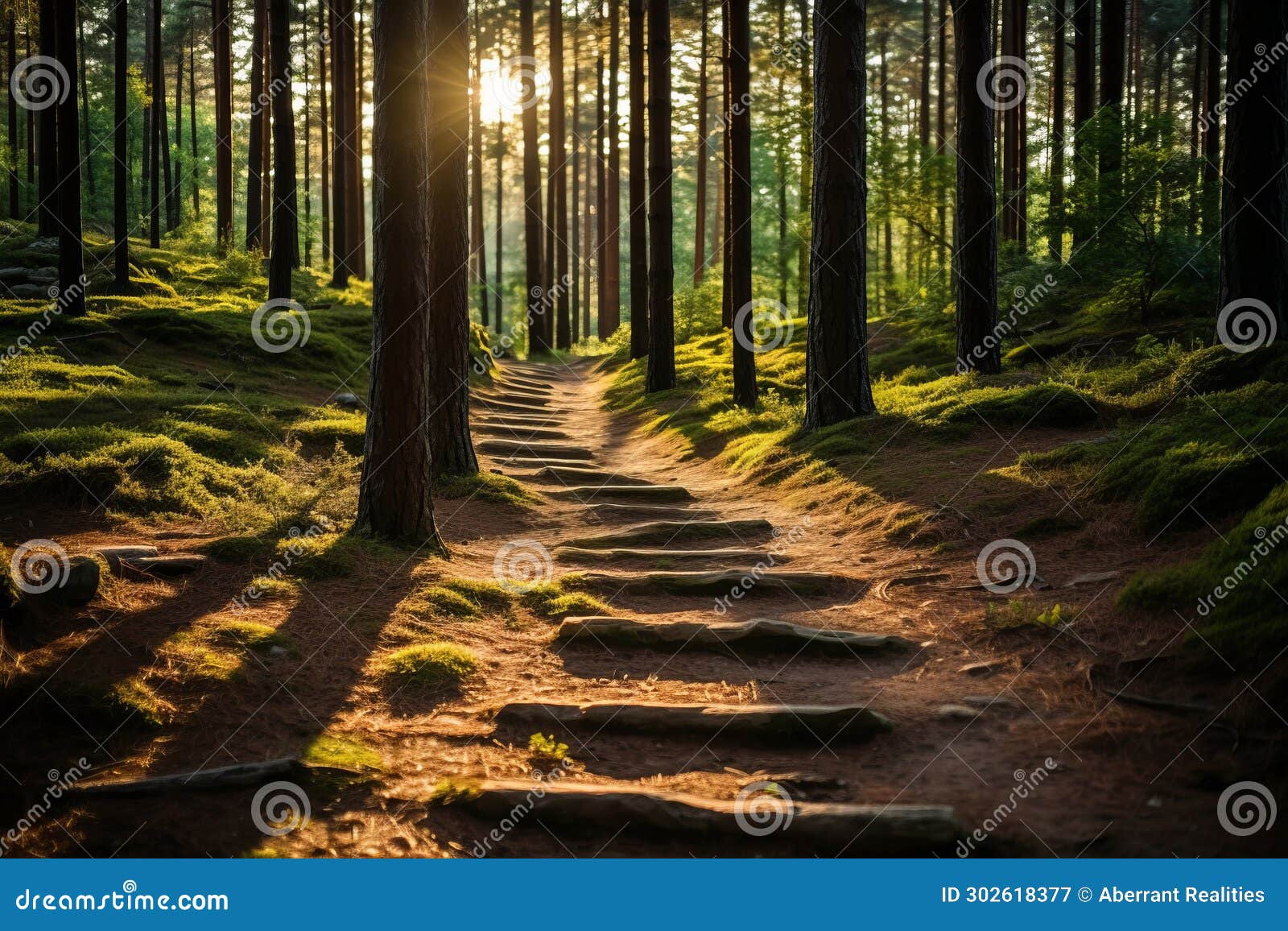 A Path through a Forest with Steps Leading Up To the Sun Stock ...