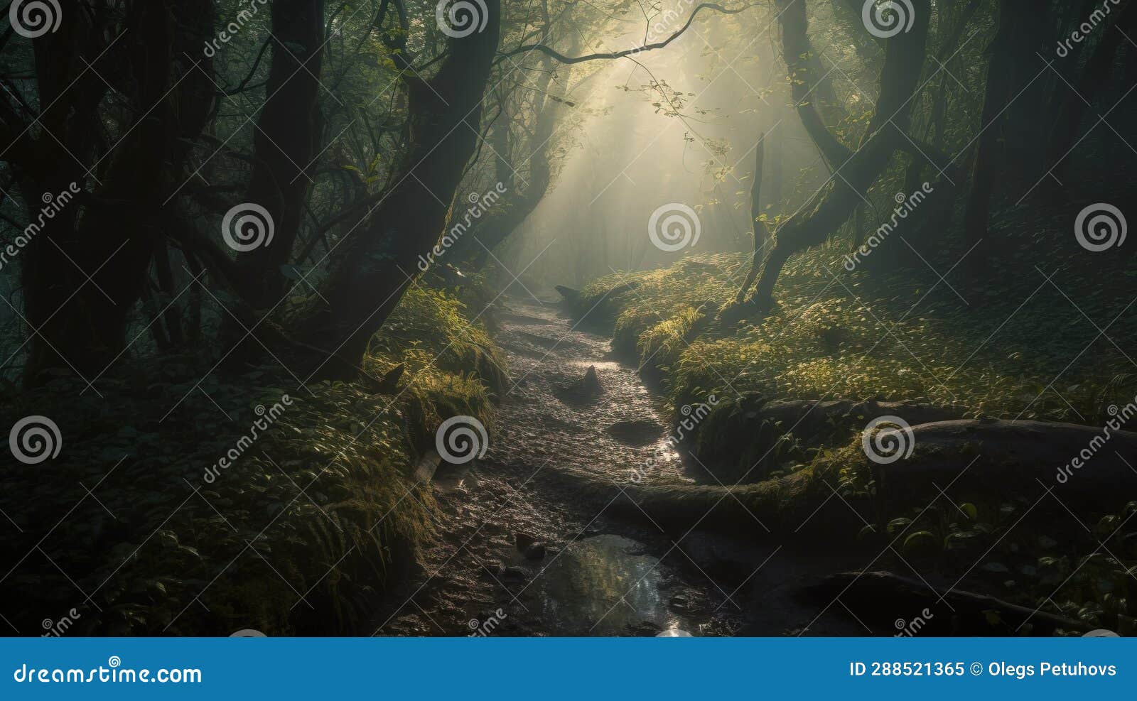 A Path in a Forest with a Stream Running through it and a Light Shining ...