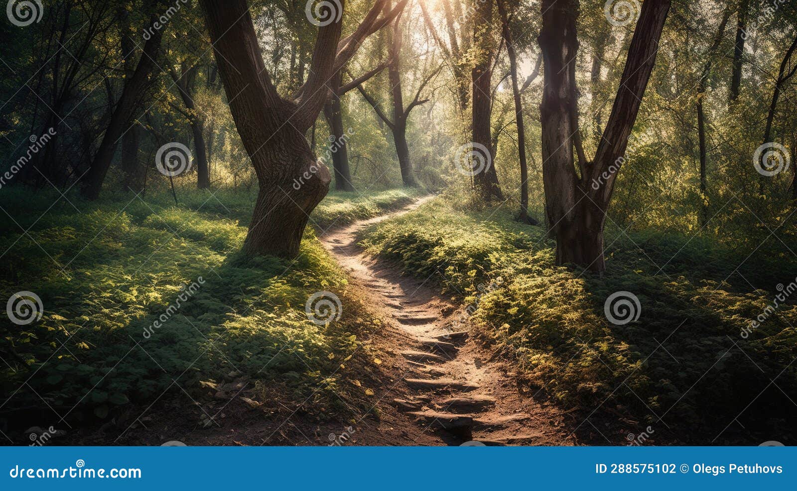 A Path in a Forest with Sun Shining through the Trees Stock ...