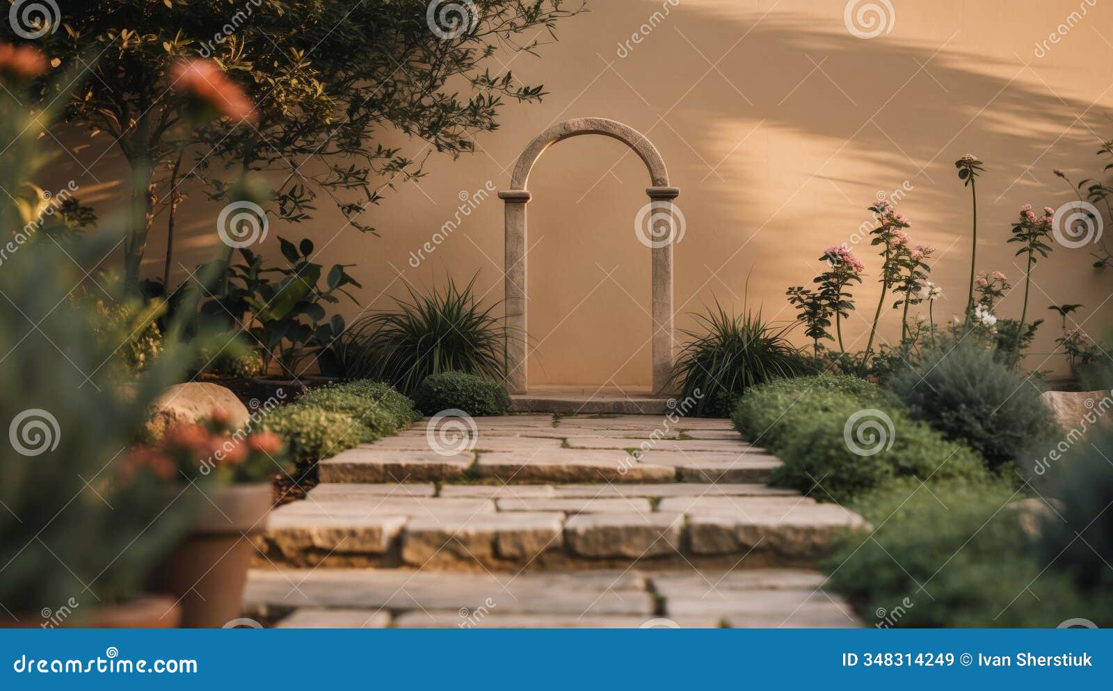 A Path through a Garden with a Stone Walkway and a Small Archway. Stock ...