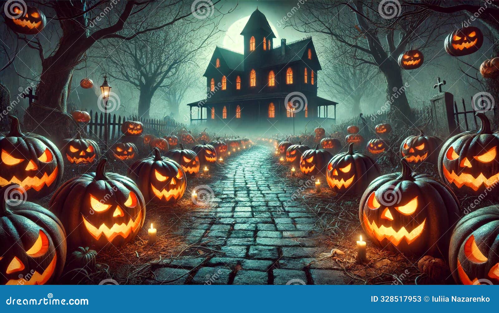 A Path of Glowing Pumpkins Leads To a Scary House. AI Generated Stock ...