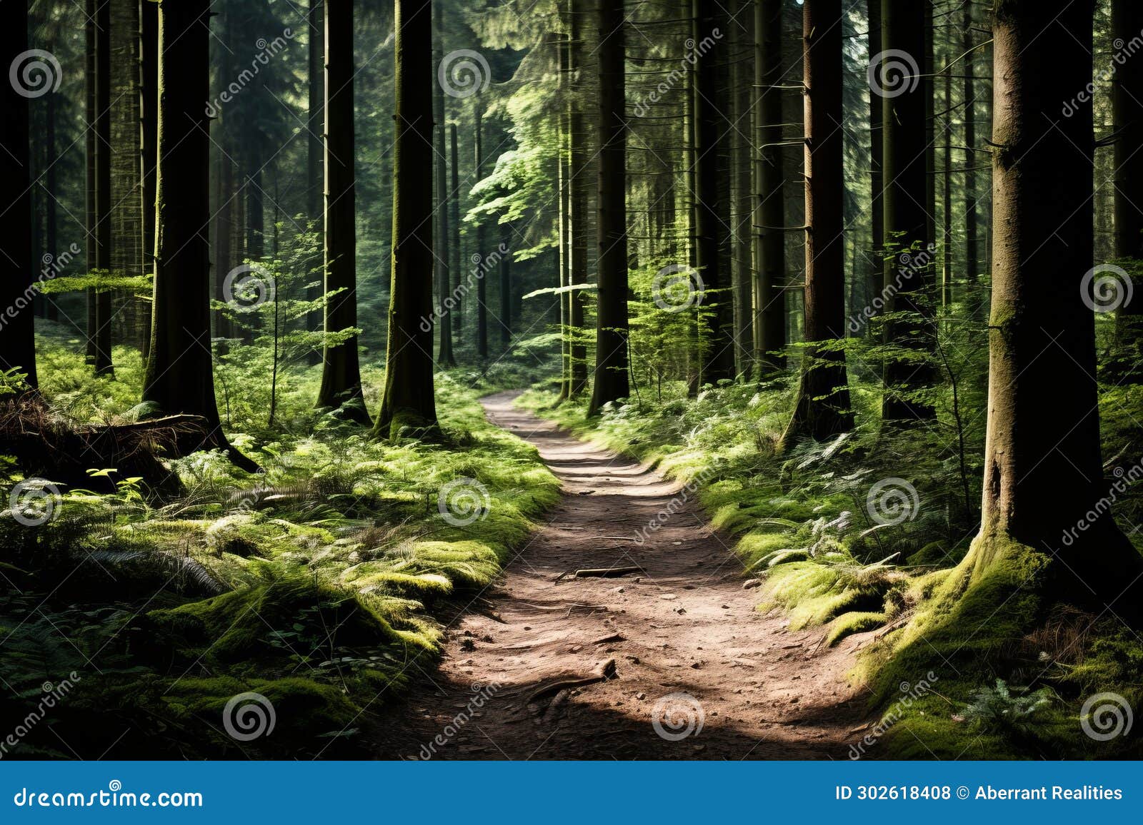 A Path through a Green Forest with Trees and Moss Stock Illustration ...