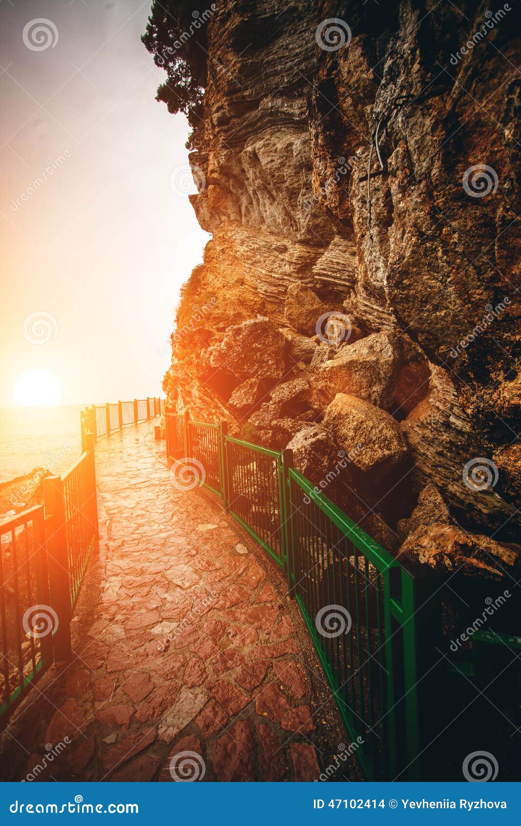 Path with Handrails in High Mountains at Sunset Stock Photo - Image of ...