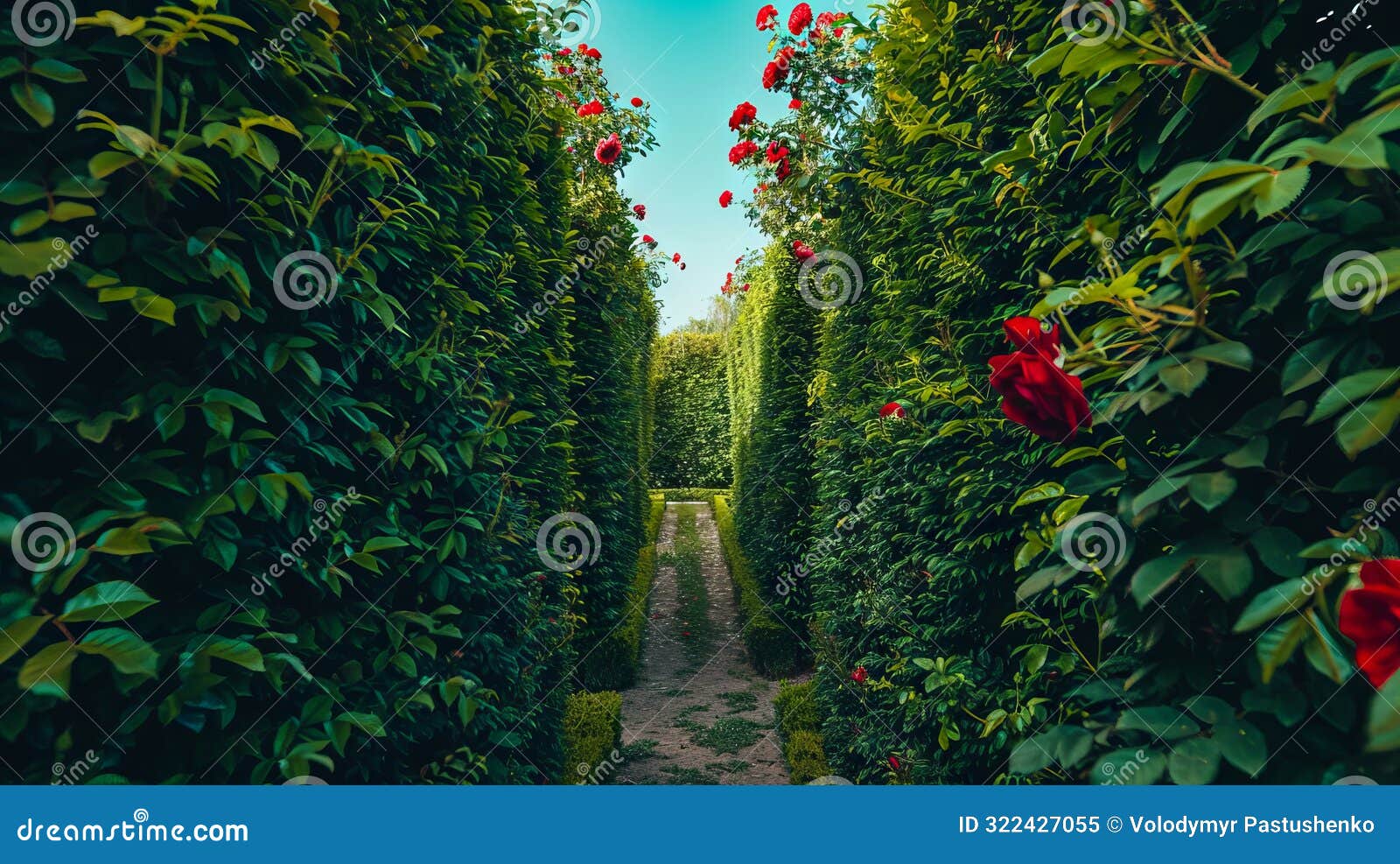 A Path through a Hedge Maze with Red Roses Stock Image - Image of ...