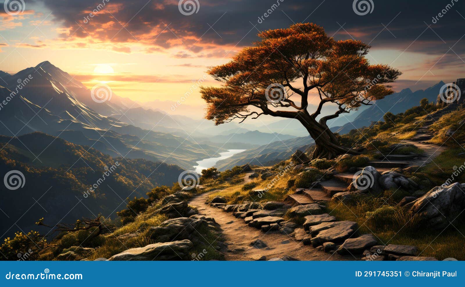 Path in the Hills and an Tree with Mountain at the End of Path Stock ...