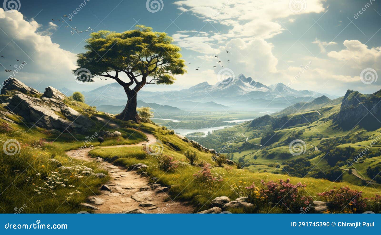Path in the Hills and an Tree with Mountain at the End of Path Stock ...