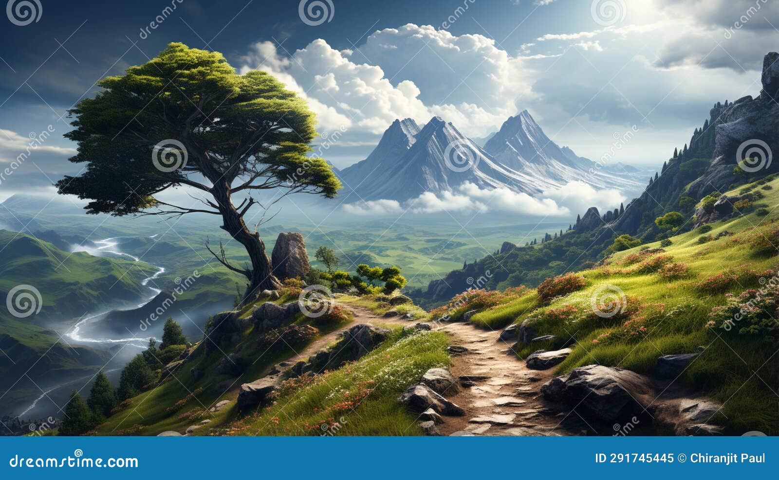 Path in the Hills and an Tree with Mountain at the End of Path Stock ...