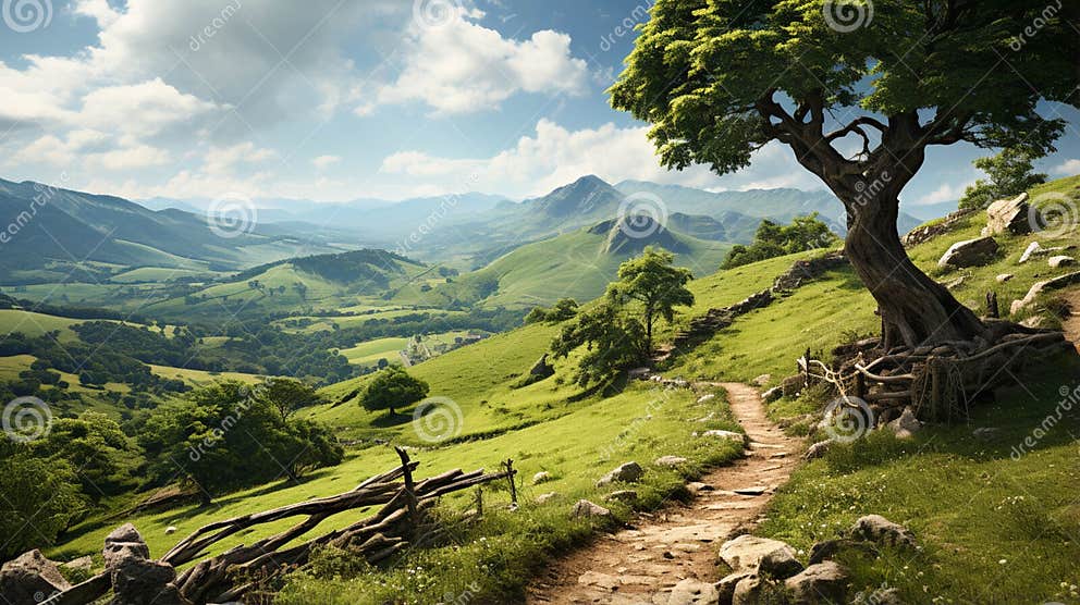 Path in the Hills and an Tree with Mountain at the End of Path Stock ...