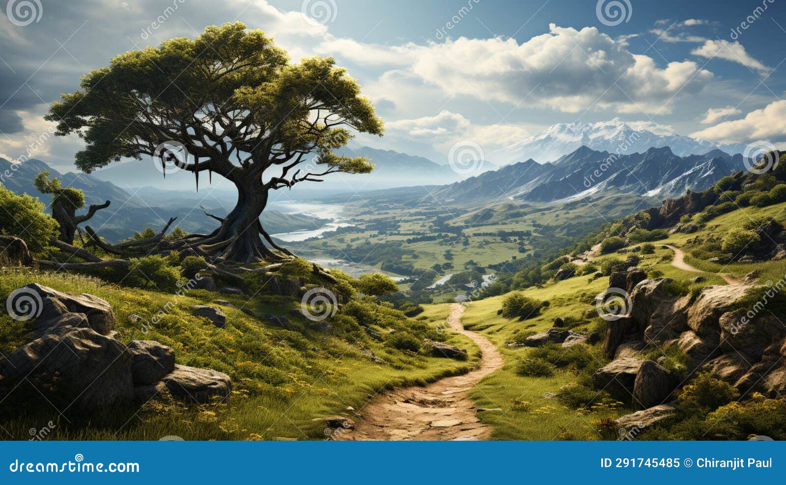 Path in the Hills and an Tree with Mountain at the End of Path Stock ...