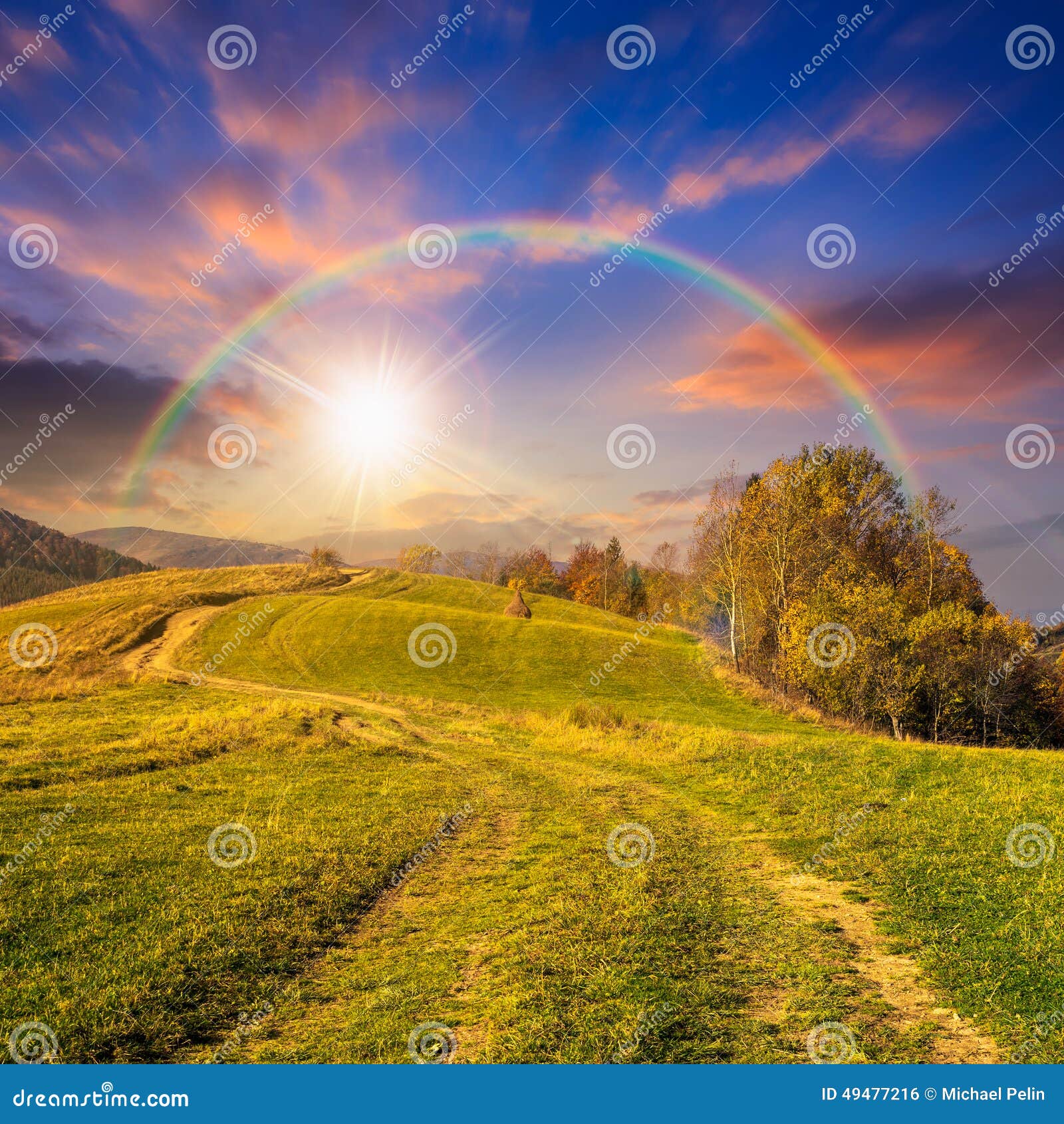 Path on Hillside Meadow in Mountain at Sunset Stock Photo - Image of ...