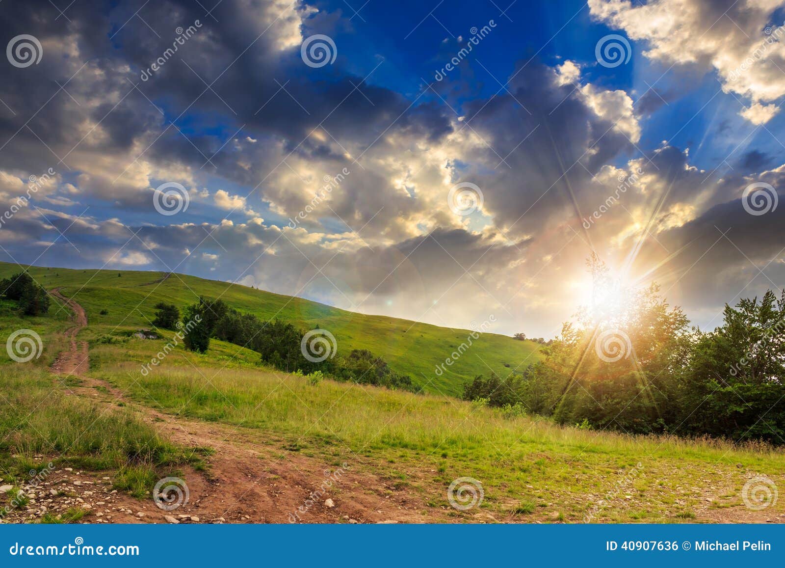 Path on Hillside Meadow in Mountain at Sunset Stock Photo - Image of ...