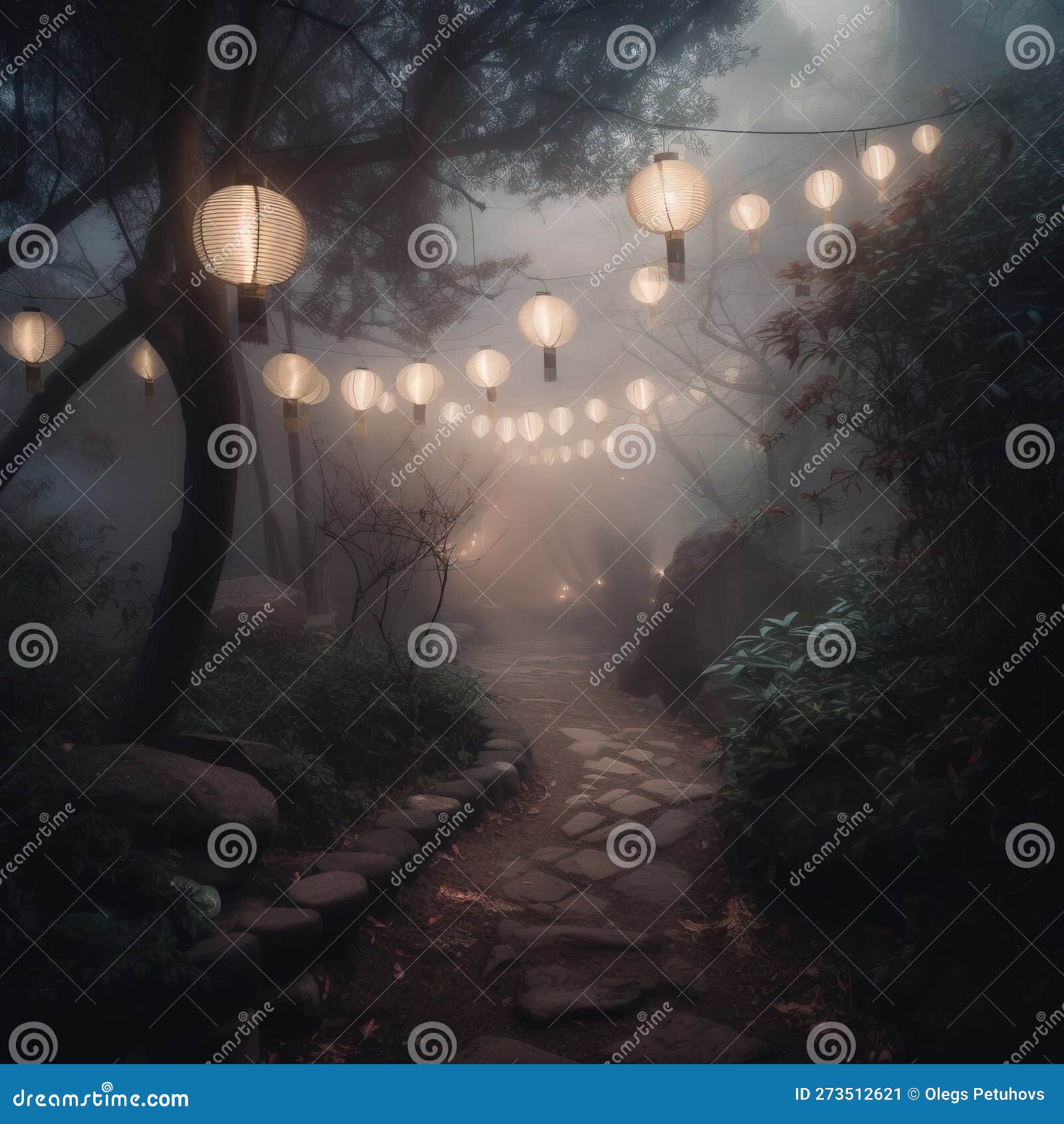 A Path with Lanterns Hanging from it in the Foggy Forest Stock ...