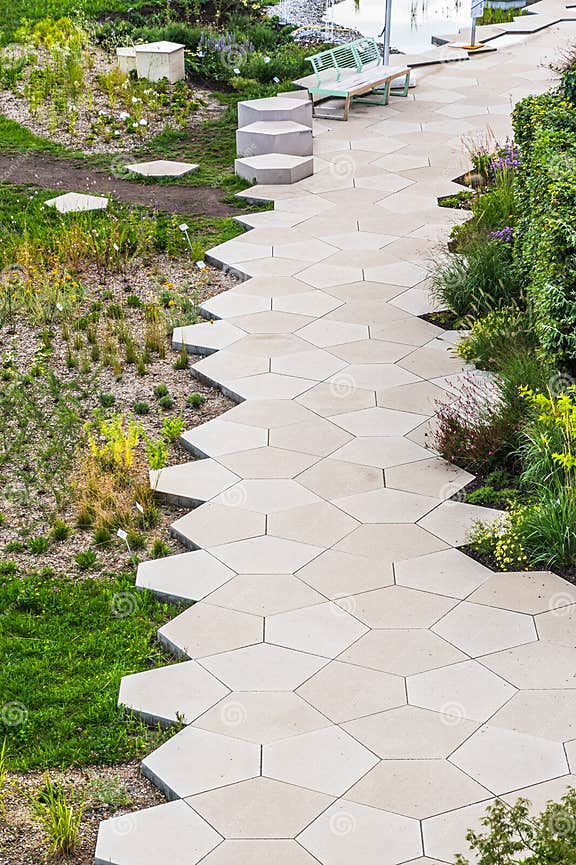 Path with Large Stone Slabs through a Garden Stock Photo - Image of ...