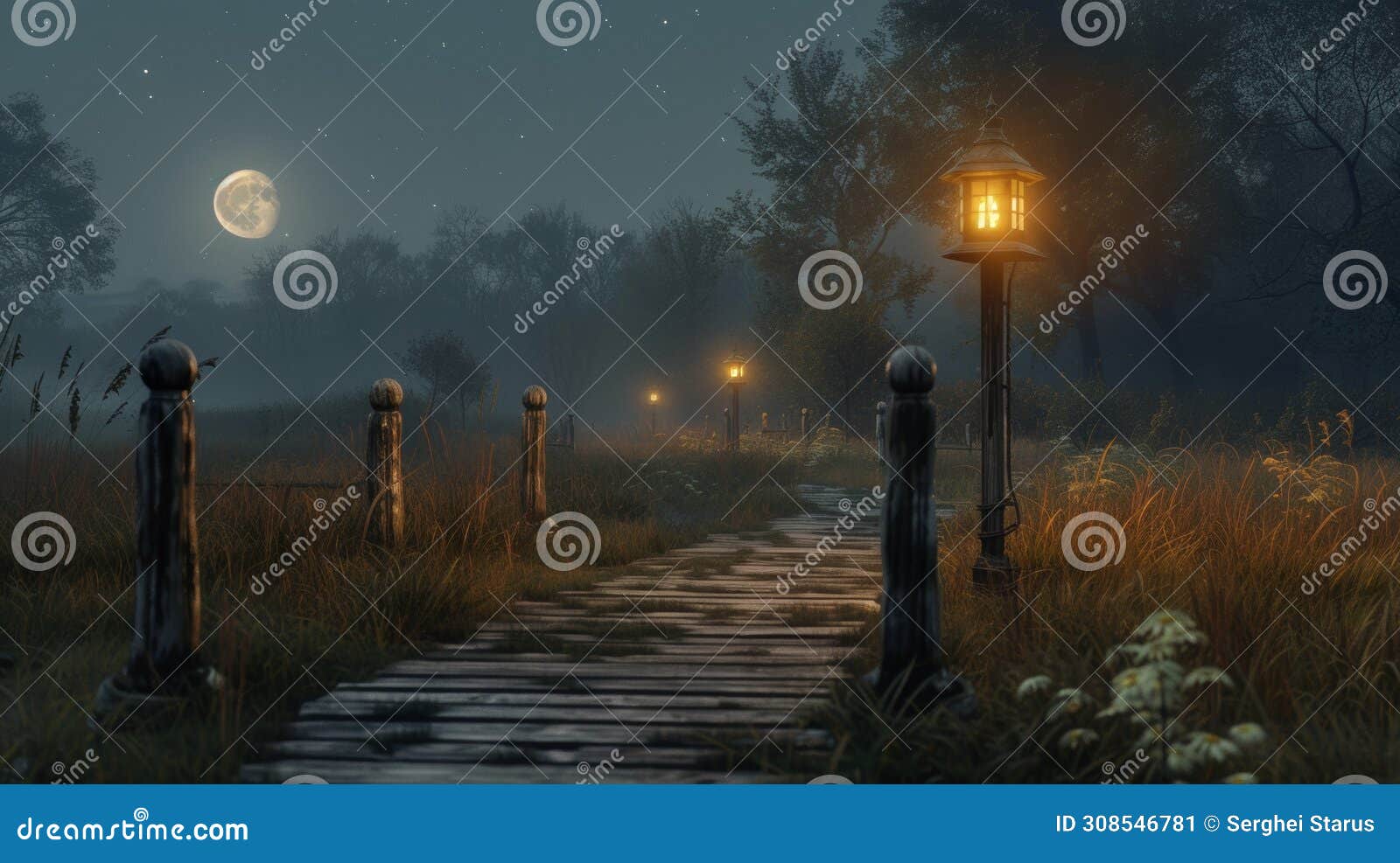 A Path Leading To a Lighted Lantern at Night, AI Stock Image - Image of ...
