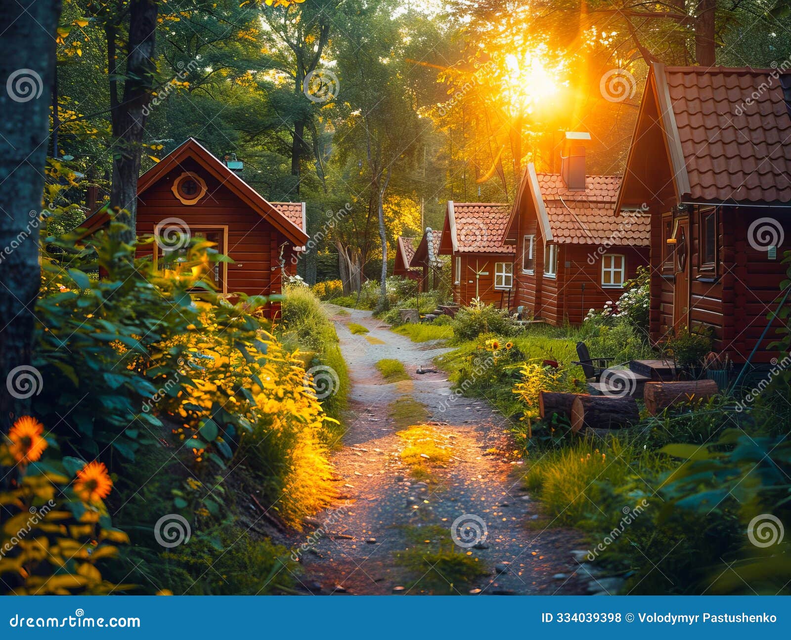 A Path Leading To a Row of Cabins in a Forest at Sunset Stock Photo ...