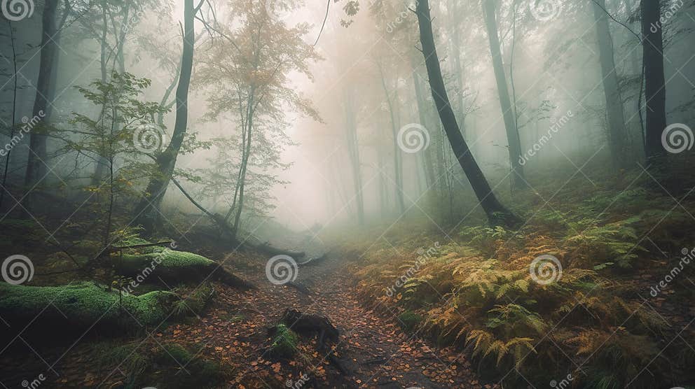 A Path in the Middle of a Forest with Fog in the Air Stock Image ...