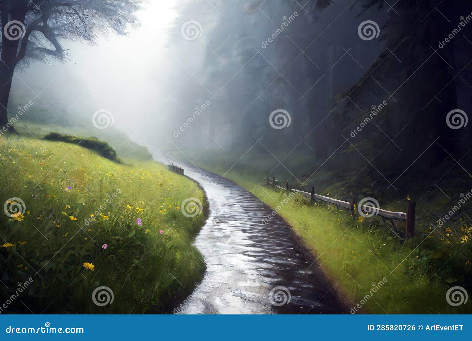 Path in Middle of Forest in the Fog Stock Illustration - Illustration ...