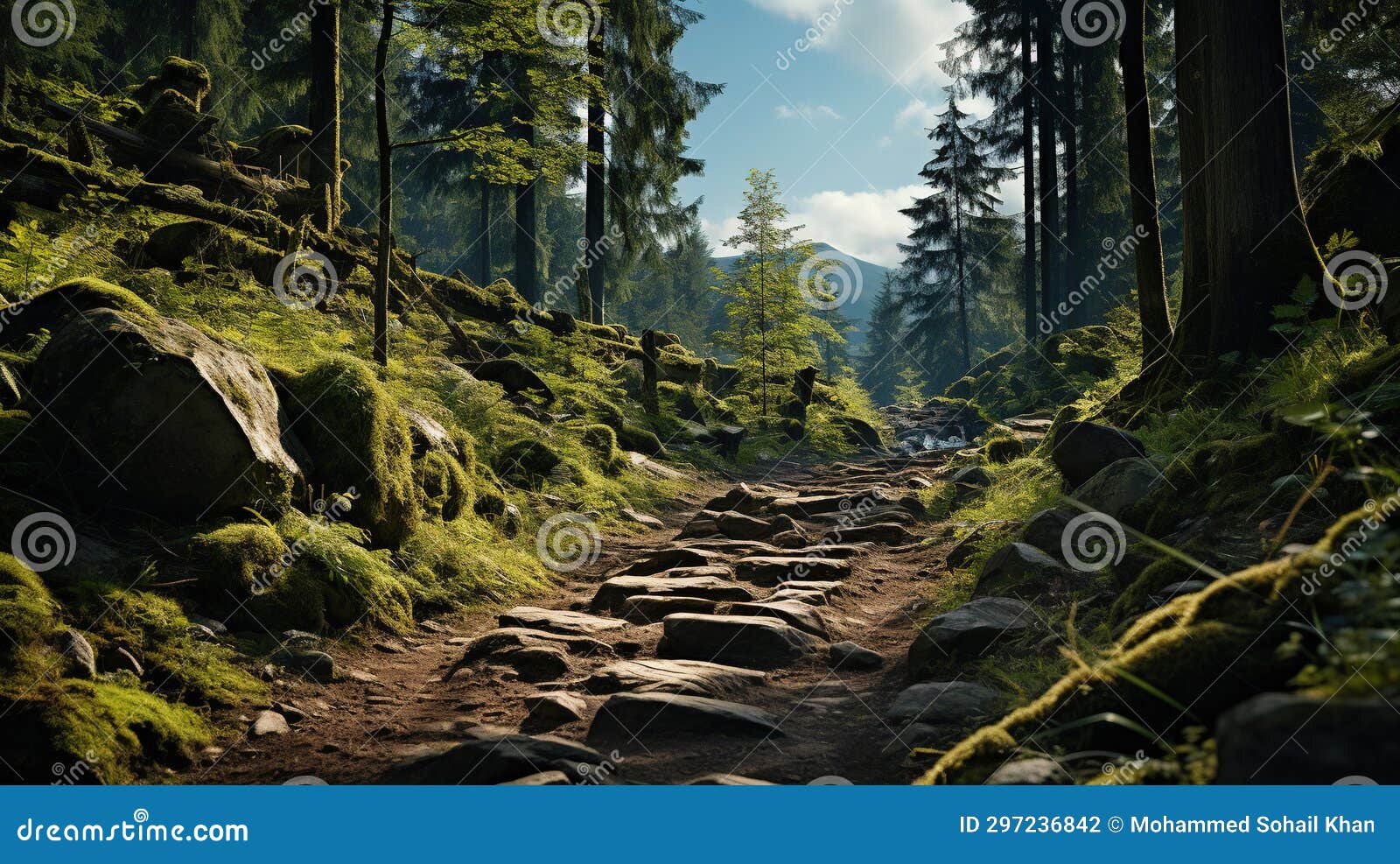 A Path through Middle in the Green Forest Landscape Background Stock ...