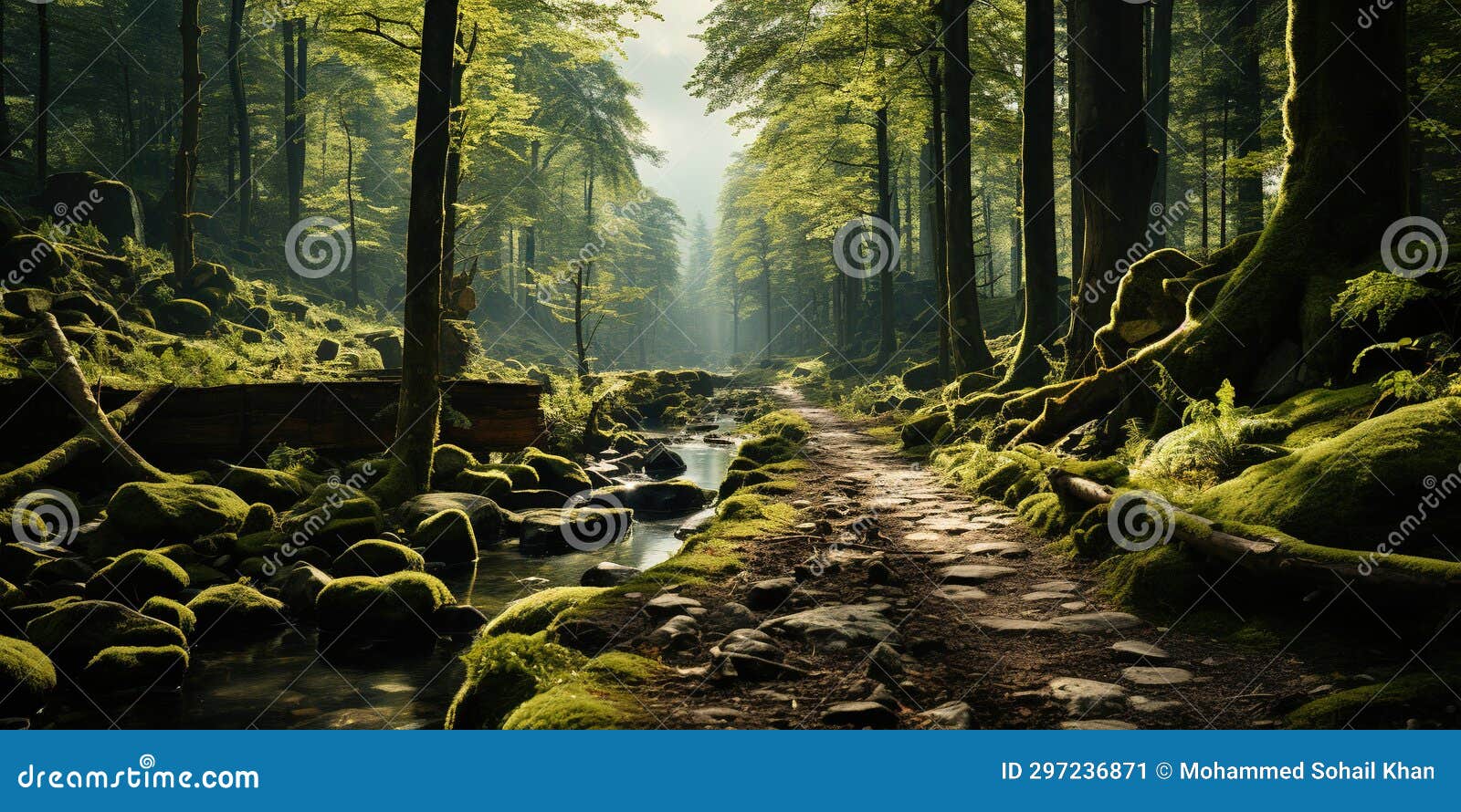 A Path through Middle in the Green Forest Landscape Background Stock ...
