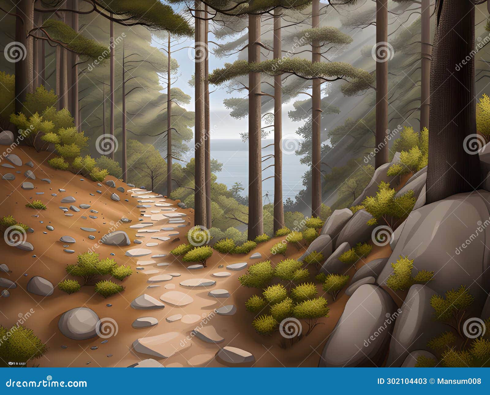 Path on the Mountain with Forest Stock Illustration - Illustration of ...